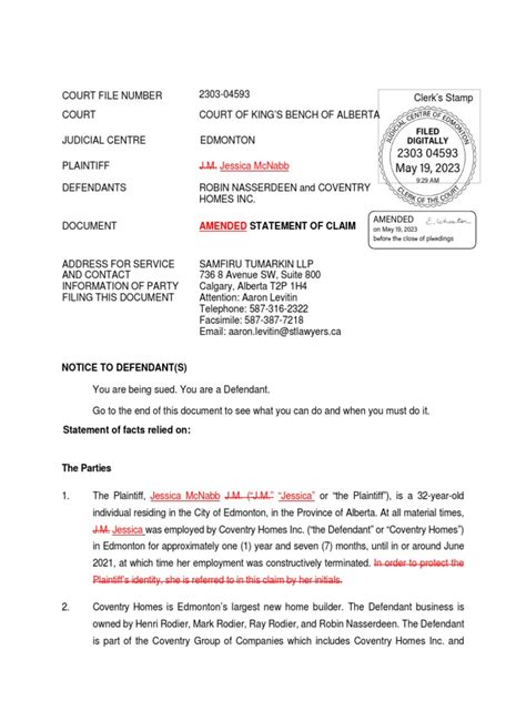 Amended Statement Of Claim1 Pdf Damages Sexual Harassment