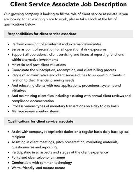 Client Service Associate Job Description Velvet Jobs
