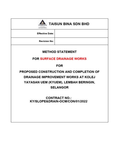 Samples Submission Of Method Statement For Surface Drainage Works