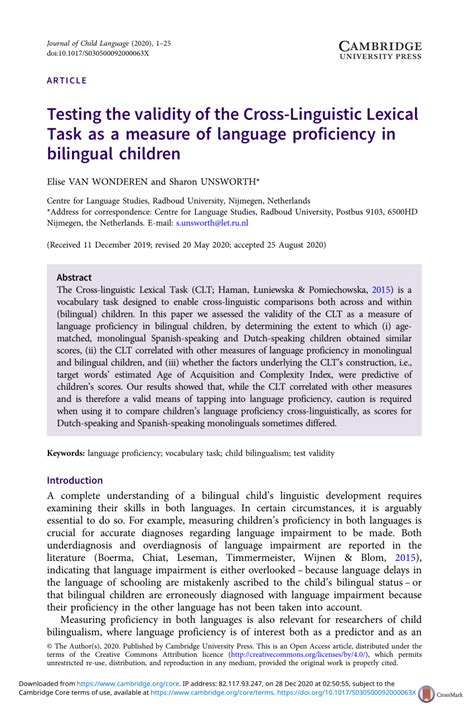 Pdf Testing The Validity Of The Cross Linguistic Lexical Task As A