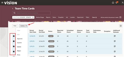 Redwood Team Time Card Page Actions Button Options — Cloud Customer Connect