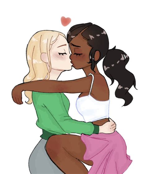 Rule 34 2girls Black Hair Blonde Hair Blorb Artist Dark Skin Dress Green Shirt Kissing Meme