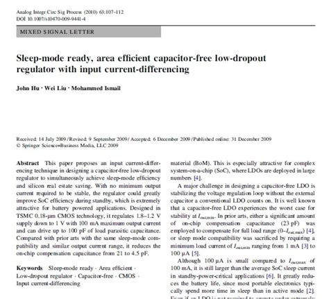 sleep mode ready area efficient capacitor free low dropout regulator