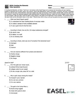 NOVA Hunting The Elements Video Questions Worksheet PDF By Mr McNeely