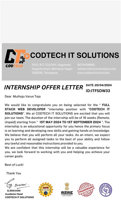 Received Internship Offer Letter From Codtech It Solutions Muthoju