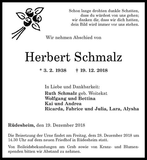 Traueranzeigen Von Herbert Schmalz Rz Trauerde