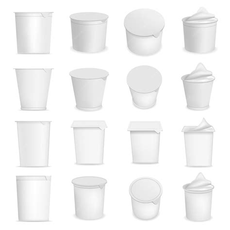 요구르트 컵 상자 디저트 포장 모형 세트 웹에 대 한 16 요구르트 컵 상자 디저트 포장 샘플의 현실적인 그림 프리미엄 벡터