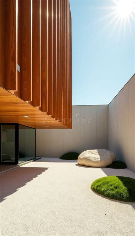 Sun Drenched Architectural Facade Overlooking A Pristine Modern Zen