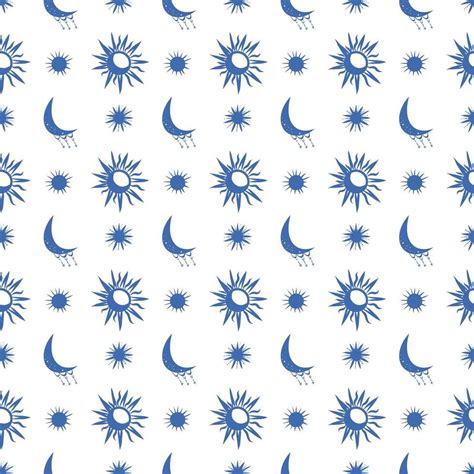 Blue Moon And Sun Seamless Pattern Hand Drawn Sun Moon Crescent