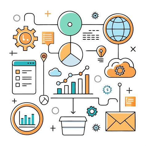 Business Workflow Illustrated With Icons Of Cogs Charts And A Globe Premium Ai Generated Vector