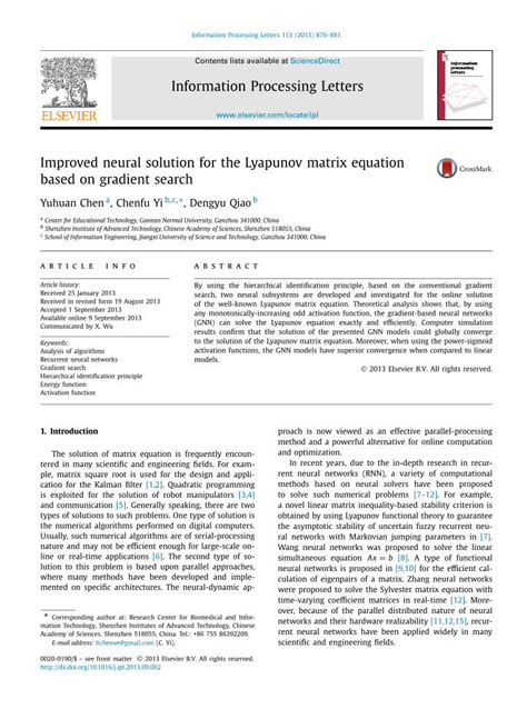 Pdf Improved Neural Solution For The Lyapunov Matrix Equation Based On Gradient Search