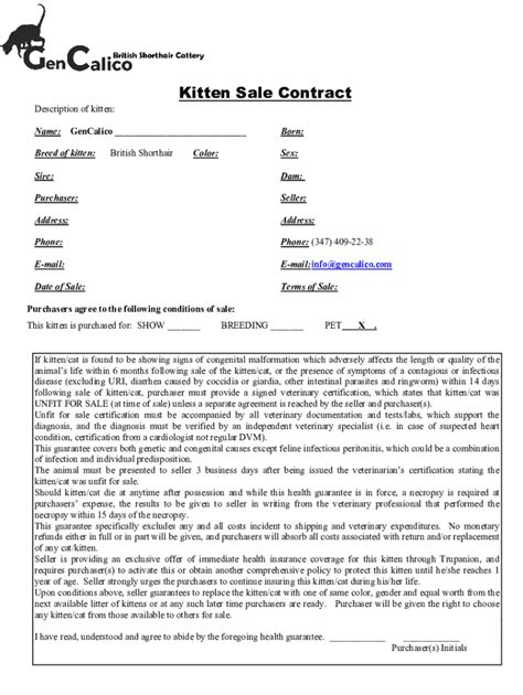 Fillable Online Kitten Sale Contract Fax Email Print Pdffiller