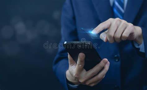 Man Scanning Fingerprint On Virtual Screen Cyber Security Concept