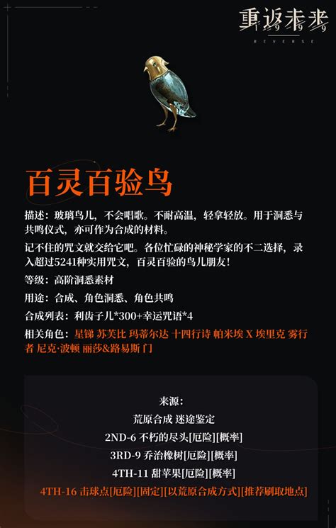 【角色培养素材】百灵百验鸟 重返未来：1999攻略 Taptap 重返未来：1999论坛