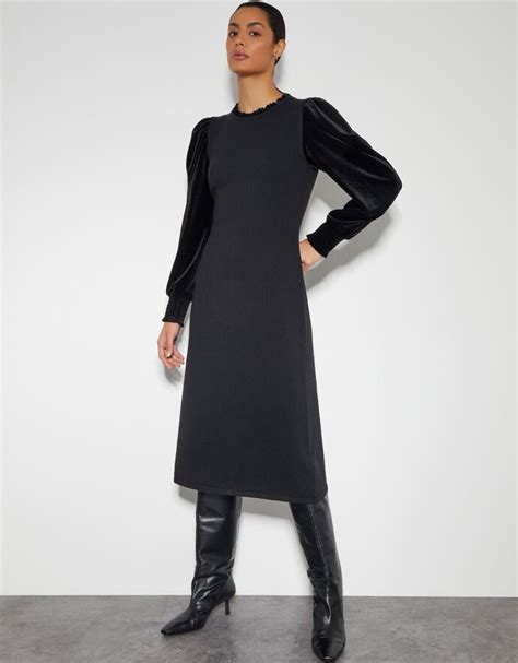 Viv Velvet Sleeve Knit Midi Dress Black Knit Dresses Monsoon Uk