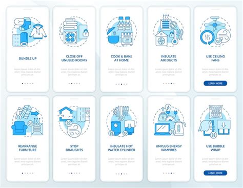 Premium Vector Lowering Heat Energy Using Blue Onboarding Mobile App Screen Set