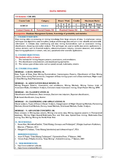 Dm Course Data Mining Subject 182 P A G E Data Mining Vii