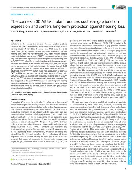 Pdf The Connexin30 A88v Mutant Reduces Cochlear Gap Junction