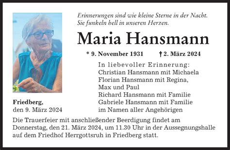 Traueranzeigen Von Maria Hansmann Augsburger Allgemeine Zeitung