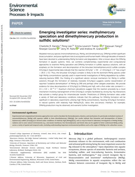 Pdf Emerging Investigator Series Methylmercury Speciation And Dimethylmercury Production In