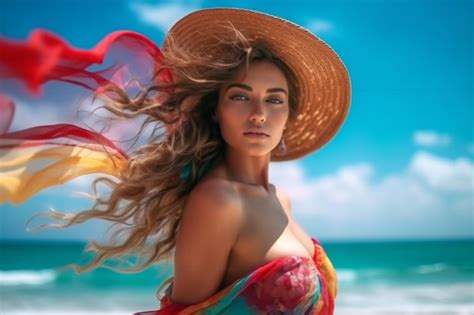 Premium Ai Image A Woman In A Hat And A Scarf On The Beach