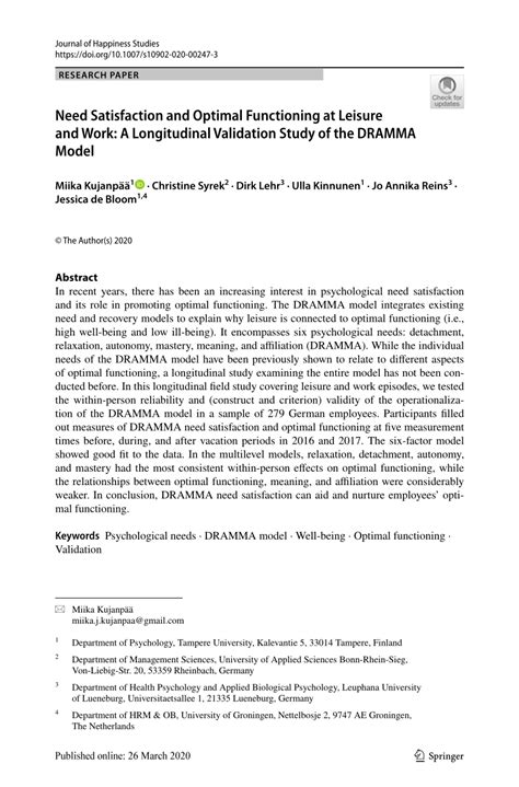 Pdf Need Satisfaction And Optimal Functioning At Leisure And Work A