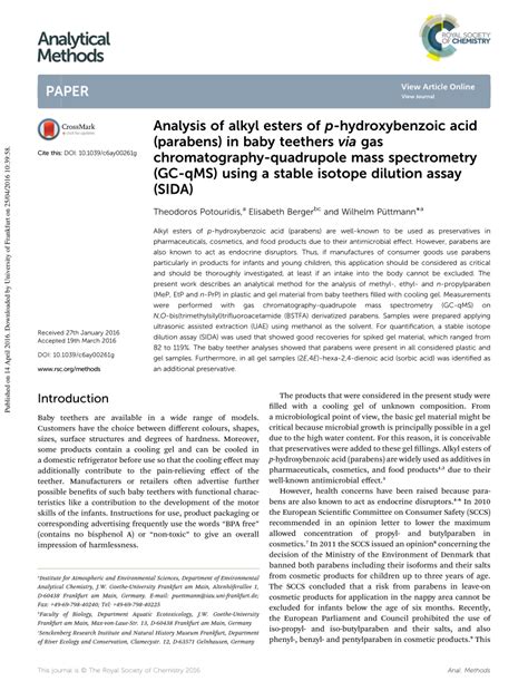 Pdf Analysis Of Alkyl Esters Of P Hydroxybenzoic Acid Parabens In