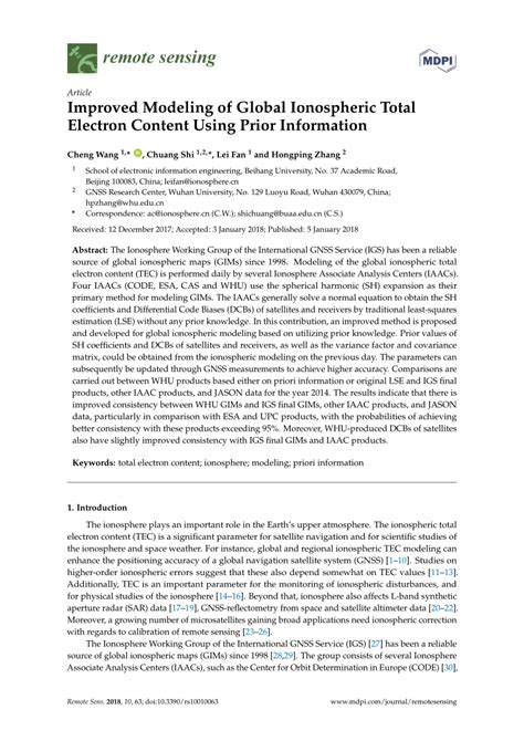 Pdf Improved Modeling Of Global Ionospheric Total Electron Content