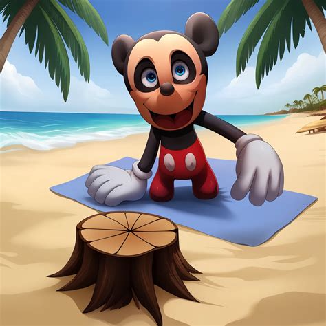 Mickey Mouse On A Beach With A Tree Stump Seaart Ai