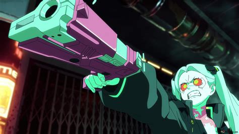 Cyber Punk Edgerunners のレベッカ ポインティング ガン 4k 壁紙のダウンロード