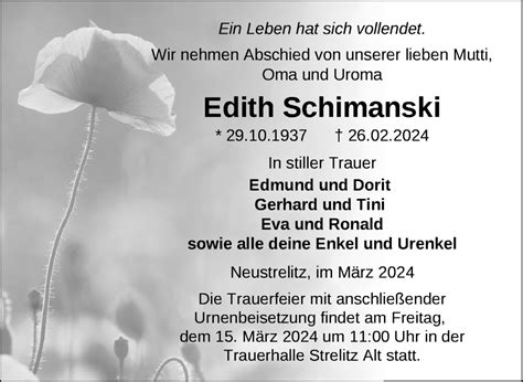 Traueranzeigen Von Edith Schimanski Trauer Nordkurier