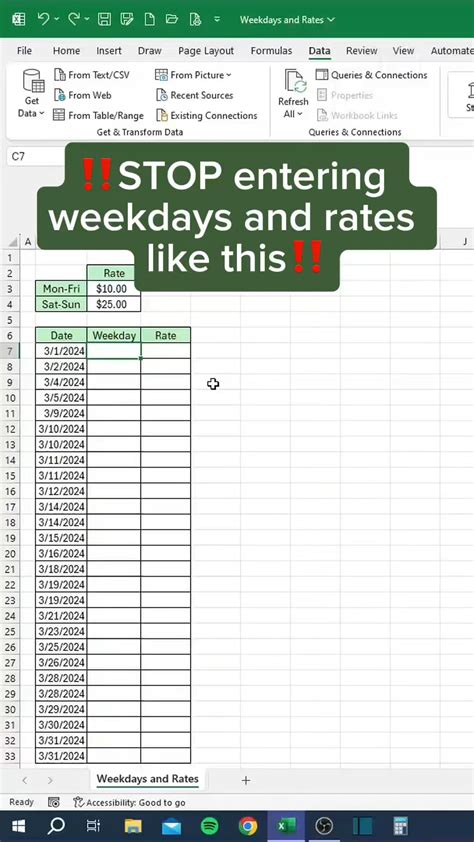 weekdays and rates in excel‼️ excel r excelcheatsheets