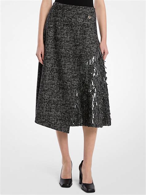 Hand Embroidered Smudge Glen Plaid Paillette Wool Wrap Skirt In Black