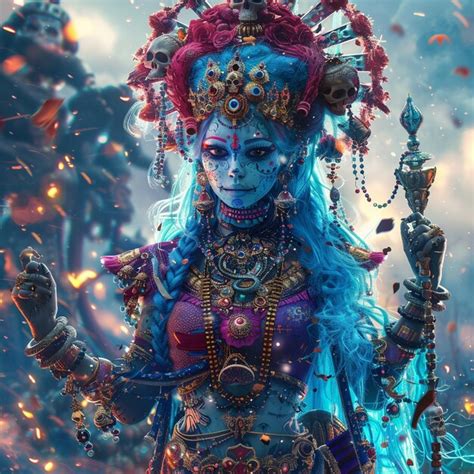 Create Goddess Deva Kali Her Wearing A Garland Of Skulls Her Have A Blue Skin Wielding Weapons
