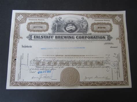 Old Vintage 1960s Falstaff Brewing Corp Stock Certificate Beer