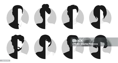 여성과 남성의 얼굴없는 초상화 여성과 남성의 얼굴 실루엣 세트는 익명의 프로필 아바타 또는 추상적인 성별 아이콘에 적합합니다 벡터 일러스트 레이 션 그림자에 대한 스톡 벡터