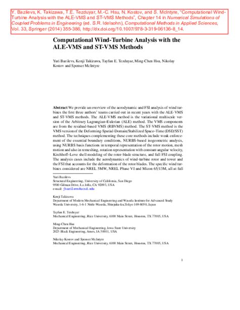 Pdf Computational Wind Turbine Analysis With The Ale Vms And St Vms Methods