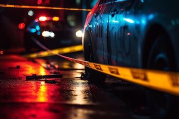 Premium Photo Crime Scene With Secure Tape And Police Car In Night