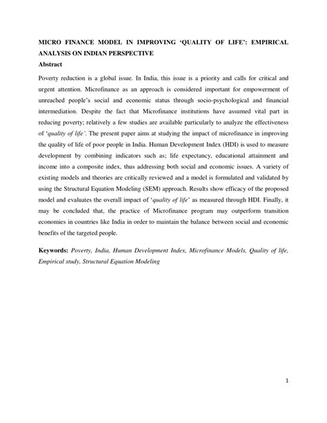 Pdf Microfinance Models In Improving Quality Of Life Empirical