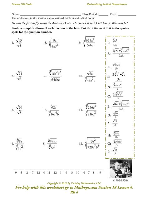 Rr 4 Rationalizing Radical Denominators Worksheets Samples