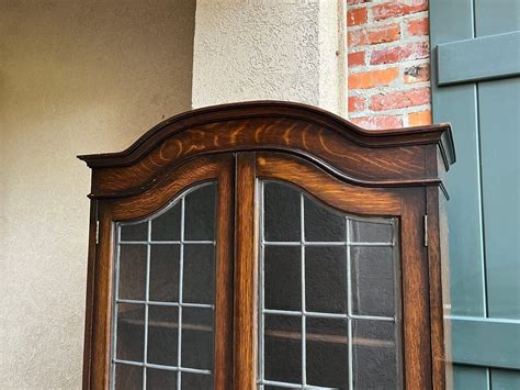 Antique English Leaded Glass Door Bookcase Display Cabinet Oak Jacobean