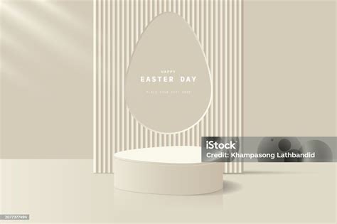 크림 3d 달걀 실린더 연단 받침대 현실적 또는 달걀 구멍 모양의 배경이 있는 쇼케이스용 무대 모형 제품 프레젠테이션을 위한 최소한의 장면 3d 벡터 기하학적 플랫폼 행복한