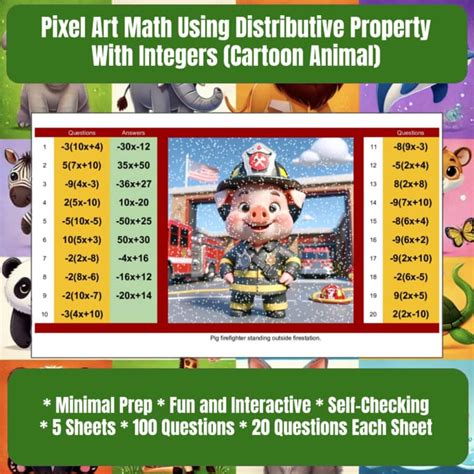 Using Distributive Property With Integers Pixel Art Cartoon Animal Practice