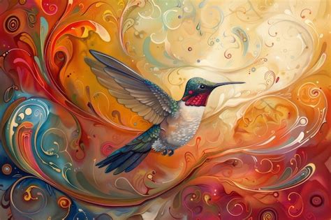 A Digital Illustration Depicting A Hummingbird In Flight Surrounded By