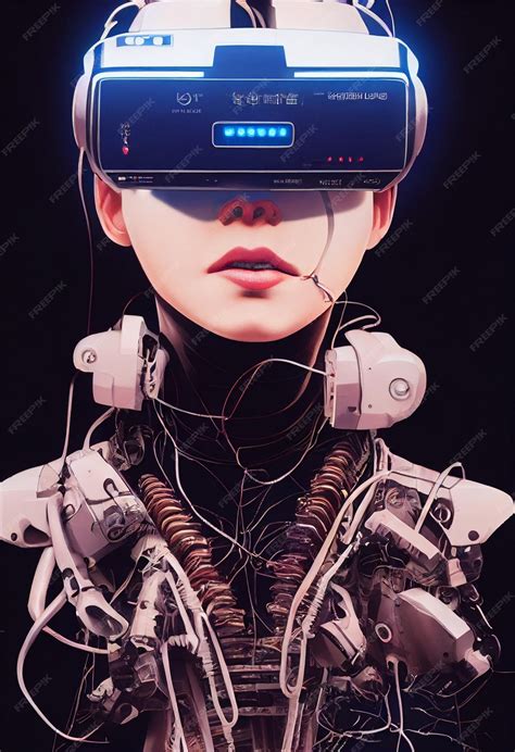 premium photo cyborg girl with virtual reality headset lot of