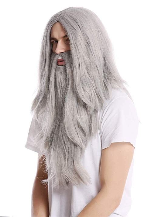 Wig Me Up Pw0210 Za68e Wig And Beard Halloween Carnival Long Smooth Gray Grey Wizard Sorcerer