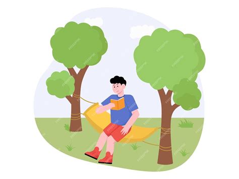 Un Homme Est Assis Sur Un Hamac Dans Les Bois Vecteur Premium