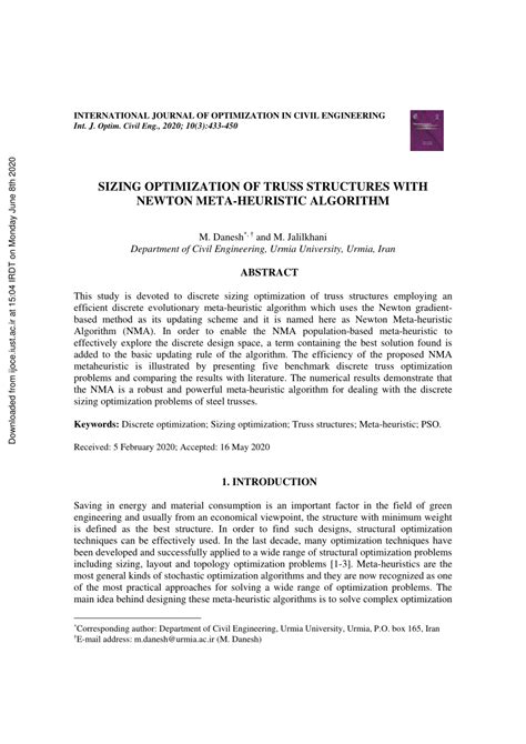 Pdf Sizing Optimization Of Truss Structures With Newton Meta