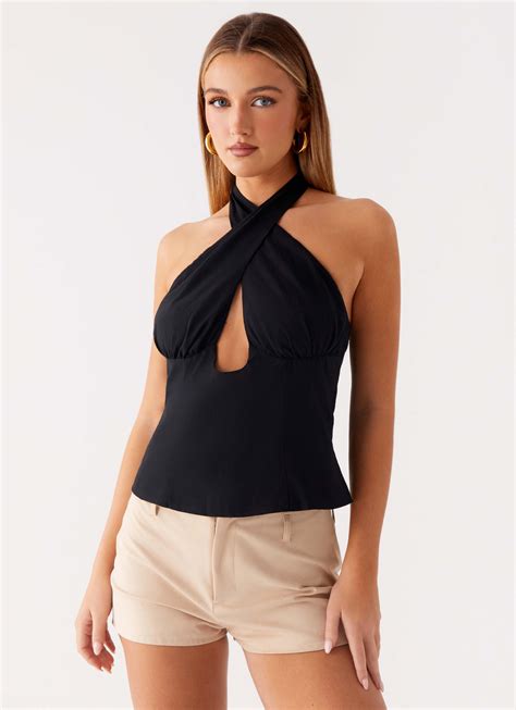 Catch Me Later Linen Halter Top Black Peppermayo