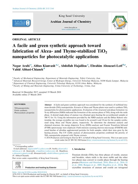 PDF A Facile And Green Synthetic Approach Toward Fabrication Of Alcea And Thyme Stabilized